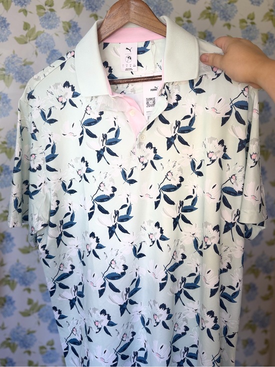 Puma | Shirts | Puma Mint Green Floral Polo With Navy Leaf Print | Poshmark